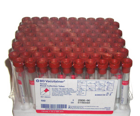 Vacutainer Blood Collection Tube, Glass, No Additive, Red Closure, 10mL ...