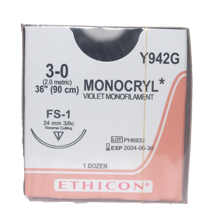 Ethicon Monocryl Synthetic Absorbable Suture (Y942G) / 3-0 / SA FS-1 / 36 in