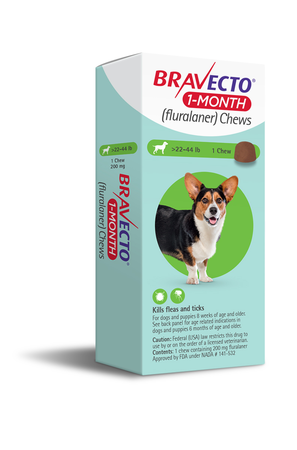 Bravecto 1-Month Chews for Dogs, 200mg, Green, Medium, 22.1-44 lb