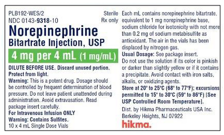 Norepinephrine Bitartrate Injection, USP, 4mg/4mL (1mg/mL)