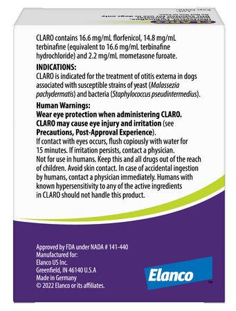 Claro Otic Solution (Florfenicol/Terbinafine/Mometasone Furoate) for ...